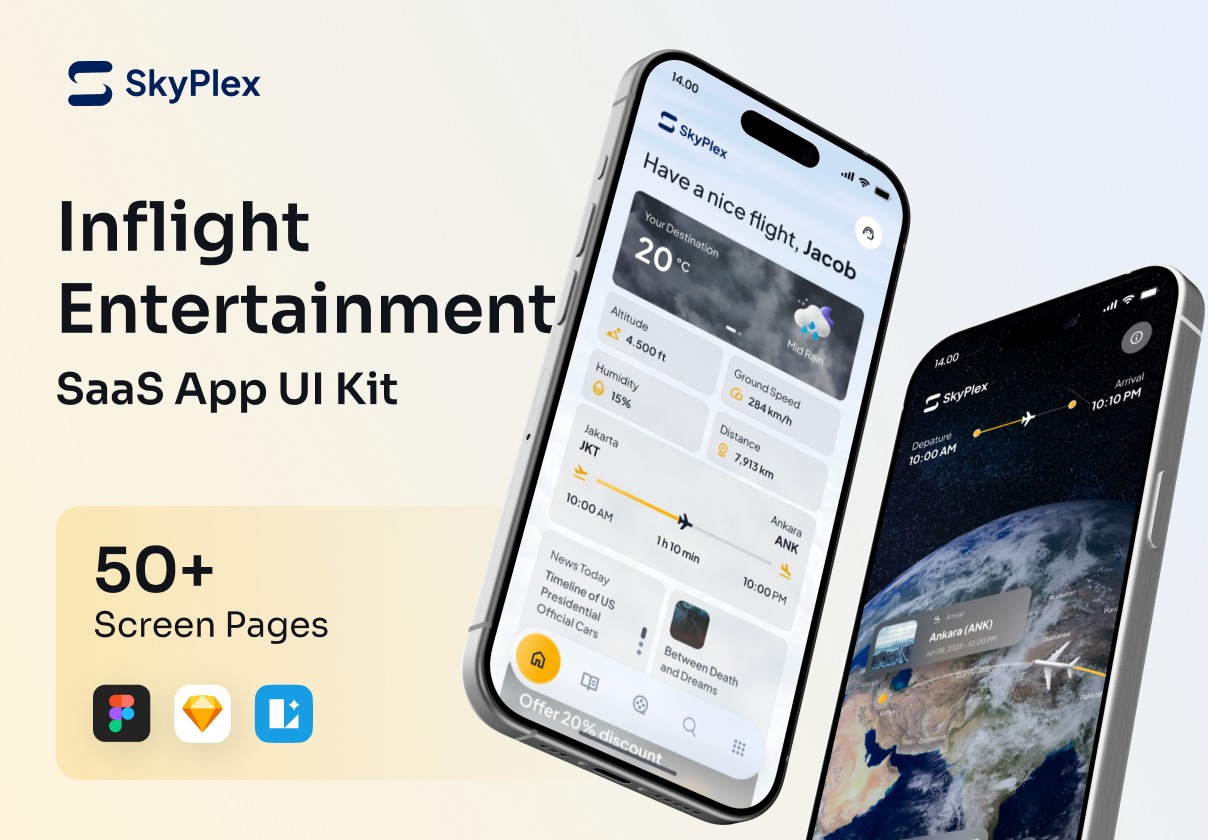 50+屏飞机火车娱乐出行SaaS服务app界面设计ui套件figma模板素材 SkyPlex - Inflight Entertainment ...