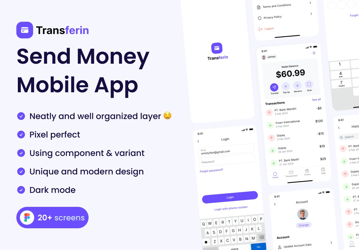 20+屏财务管理交易在线支付电子钱包app ui界面设计figma模板 Transferin - Send Money Mobile App
