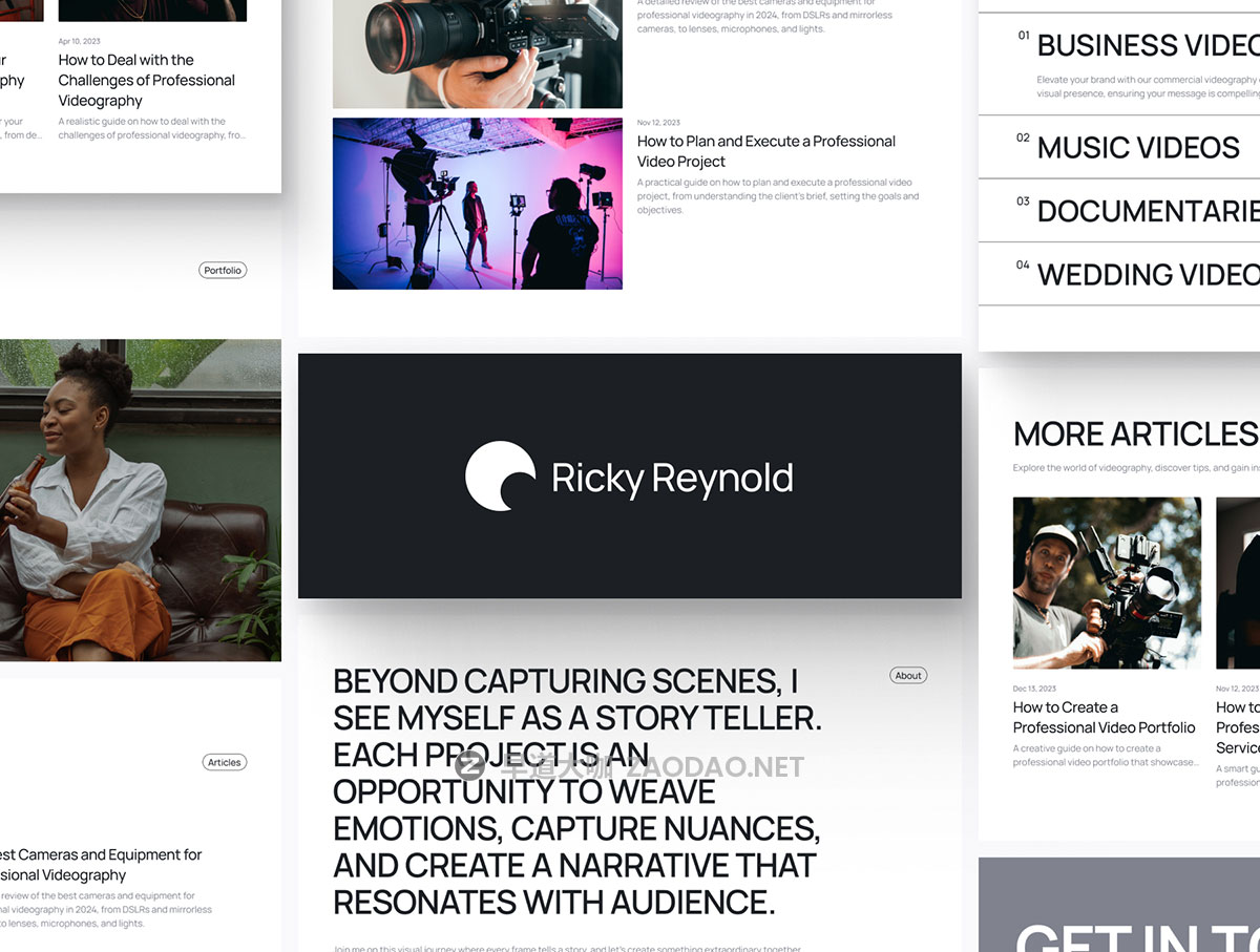 高级风格化设计摄影创意故事作品集个人网站UI界面设计Figma/Framer模板 Ricky Reynold - Videographer ...