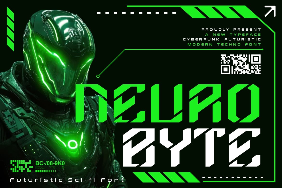 未来科幻赛博朋克美学品牌海报游戏封面设计装饰英文字体 Neurobyte Futuristic Sci-fi Font