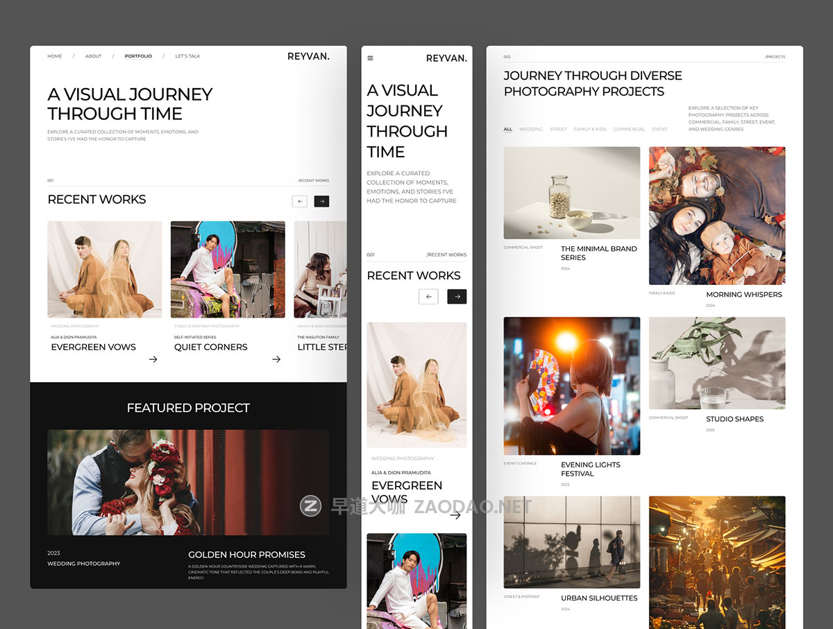 5屏现代极简美学婚礼肖像艺术摄影设计作品集网站figma模板素材 Reyvan - Photography Website UI Figma Template
