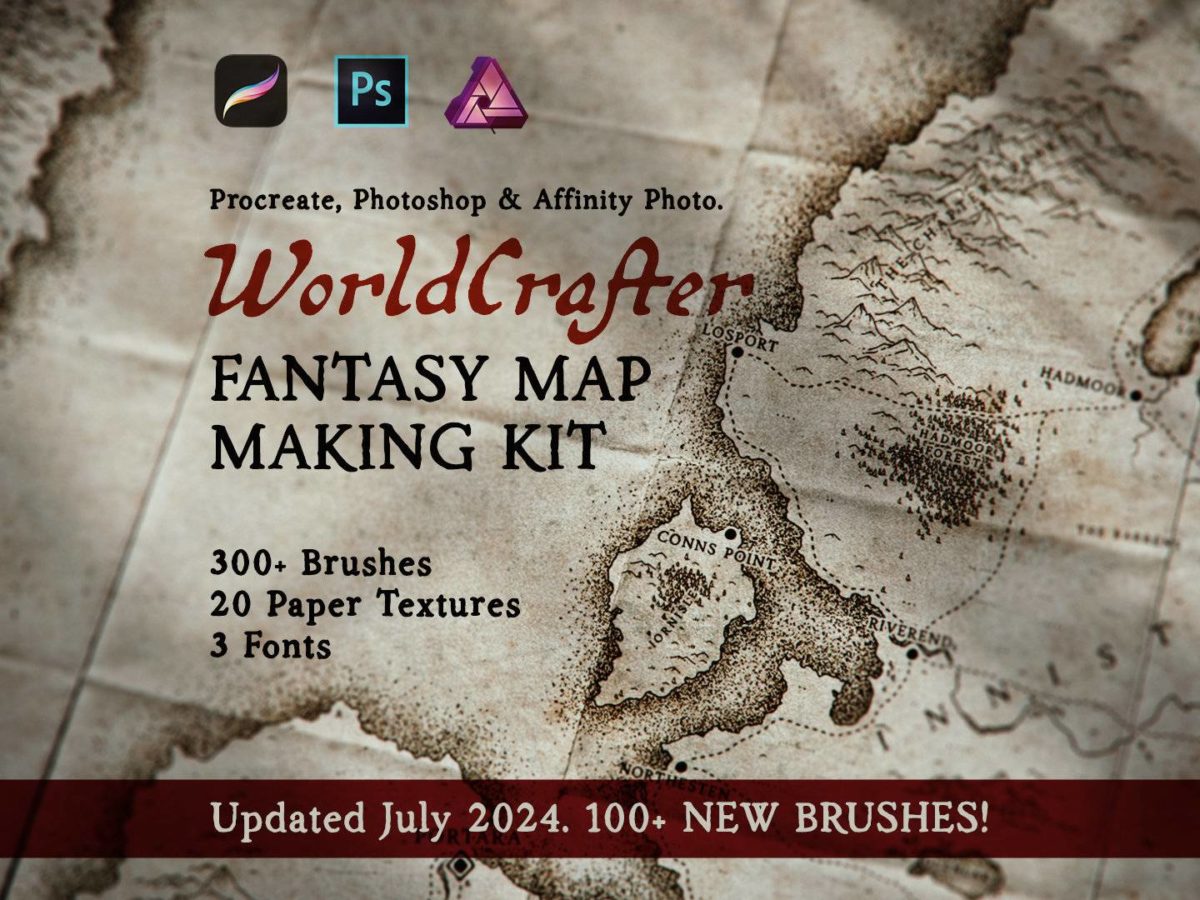 全面旧世界风格地图绘制纹理procreate/ps/affinity笔刷+纸张纹理图片套装 WorldCrafter - Fantasy ...
