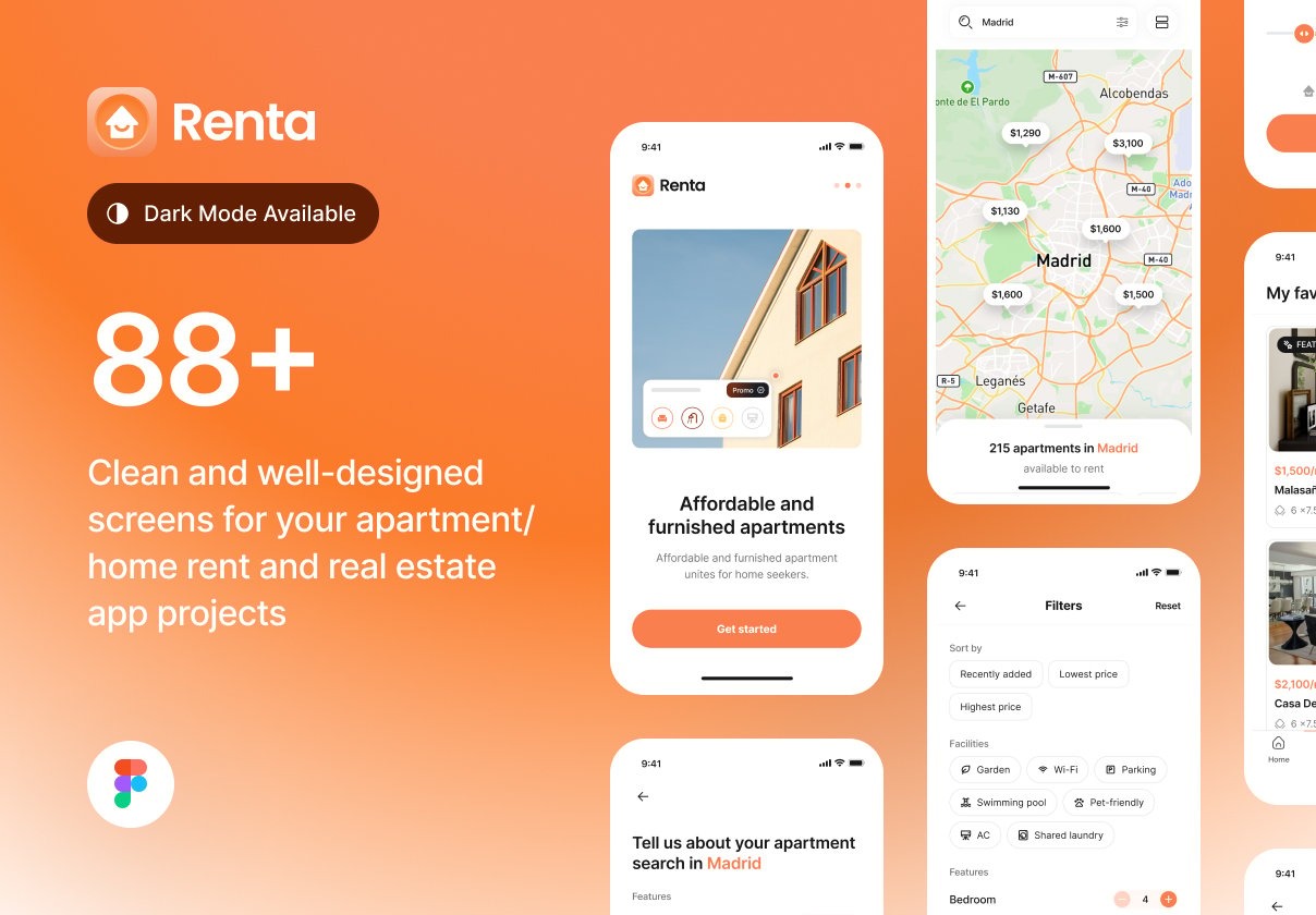 88+屏民宿酒店房屋公寓出租租赁app ui界面设计figma模板套件 Renta - Apartment Rent UI Kit