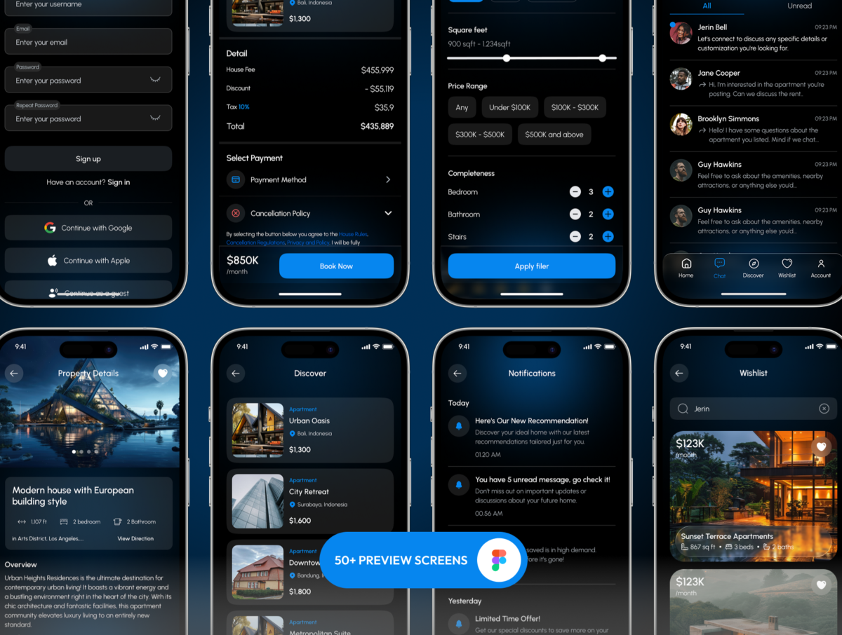 40+屏现代时尚房地产租房卖房房屋出售app ui界面设计figma模板套件 Profinder - Real Estate App UI Kit