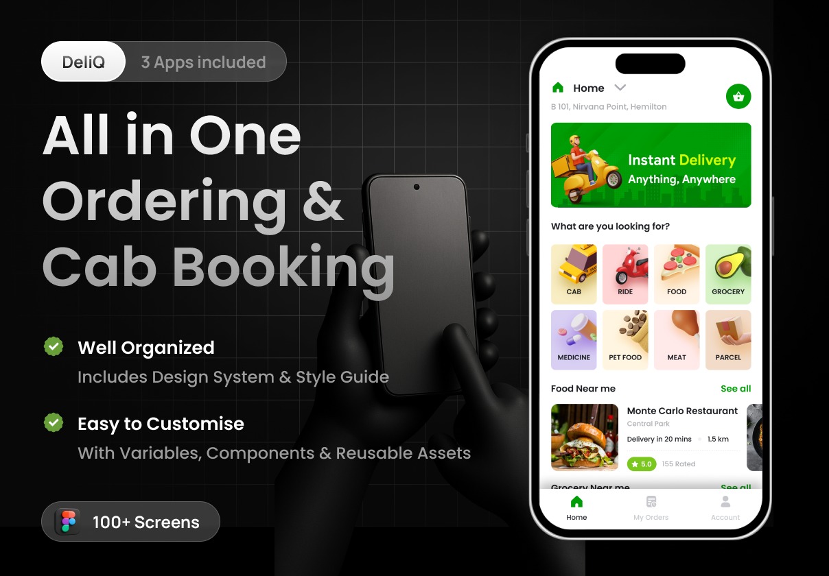 功能强大外卖送餐打车出租车药房杂货店app界面ui设计figma模板 3 Apps | Ordering & cab Booking App | Figma | DeliQ