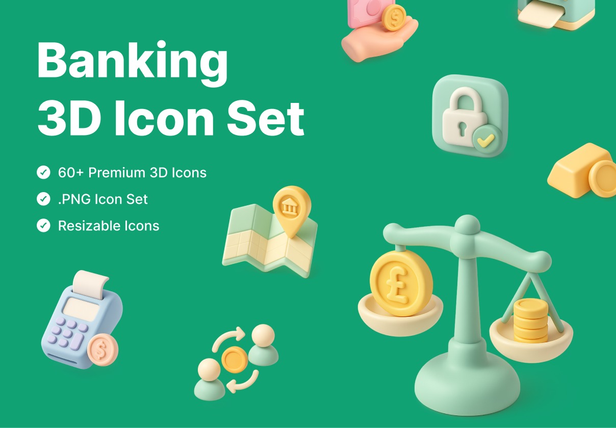 60+款高级3D立体银行理财货币图标icons设计png格式素材 Banking 3D Icon Set