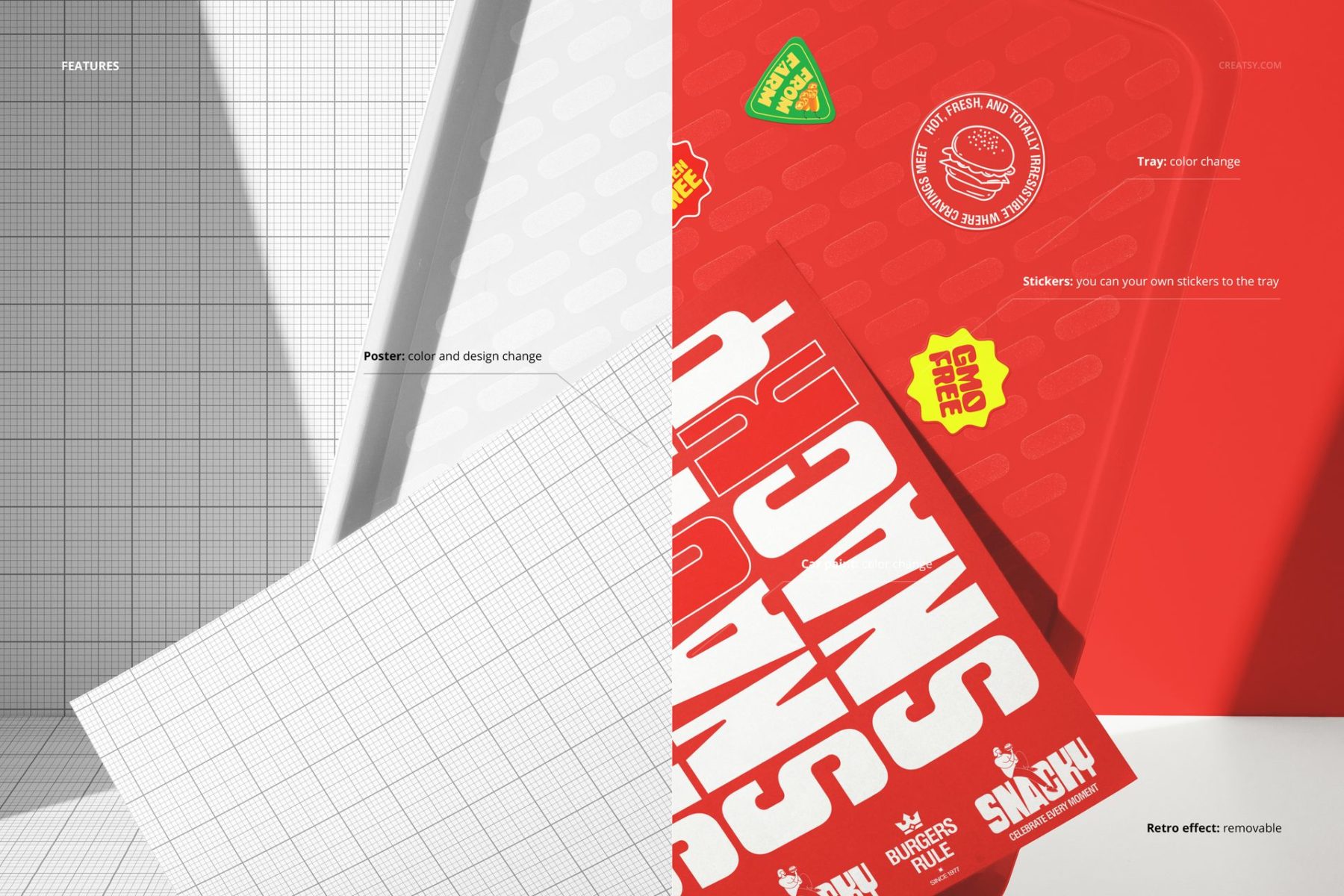 1款汉堡快餐餐盘海报贴纸设计展示vi贴图psd样机模板素材 Fast Food Tray with Stickers Mockup