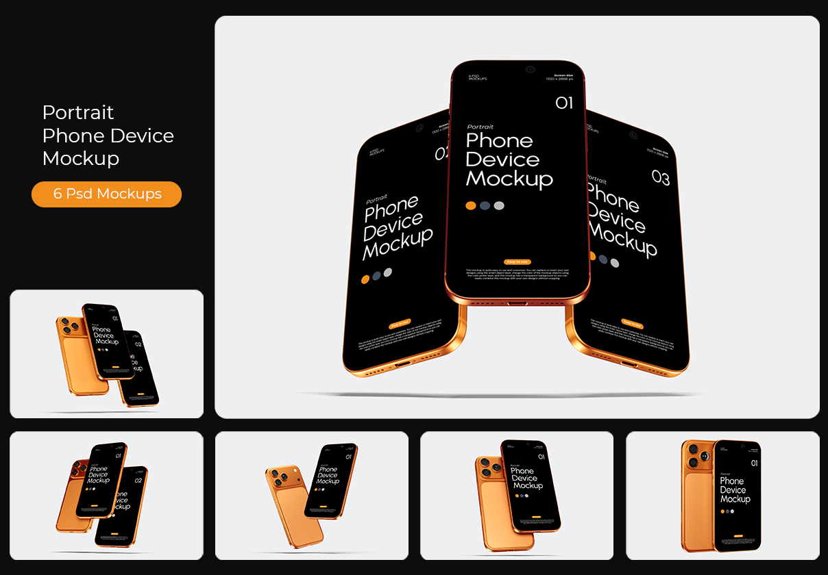6款悬浮ui界面作品集设计苹果iPhone 17展示贴图psd样机mockup模板 Potrait Phone Device Mockup