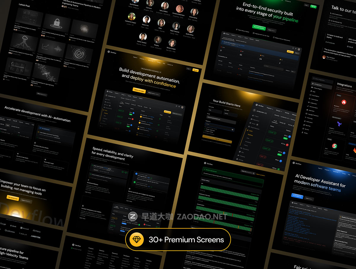 30+屏黑暗CI/CD平台AI 辅助解决方案SaaS服务平台网站ui界面设计figma模板套件 Devflow - SaaS Website ...