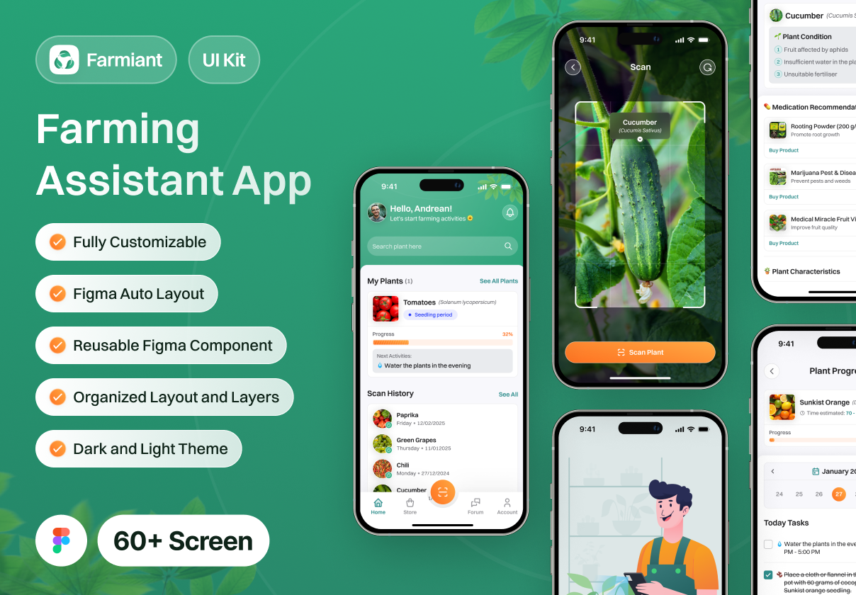 60+屏农业科技农场管理助手app应用程序ui界面设计figma模板素材 Farmiant - Farming Assistant App ...