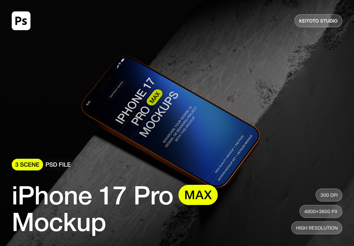 3款黑暗岩石混凝土背景ui界面广告作品集设计苹果iPhone 17 Pro贴图psd样机模板 iPhone 17 Pro Max Dark ...
